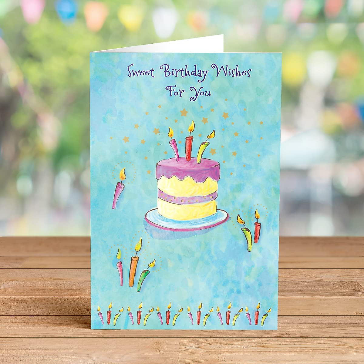 Designer Greetings Special Thoughts Happy Birthday Cards, “Sweet Birthday Wishes” Cake with Candles Design (Pack of 6 Cards with Yellow Envelopes)