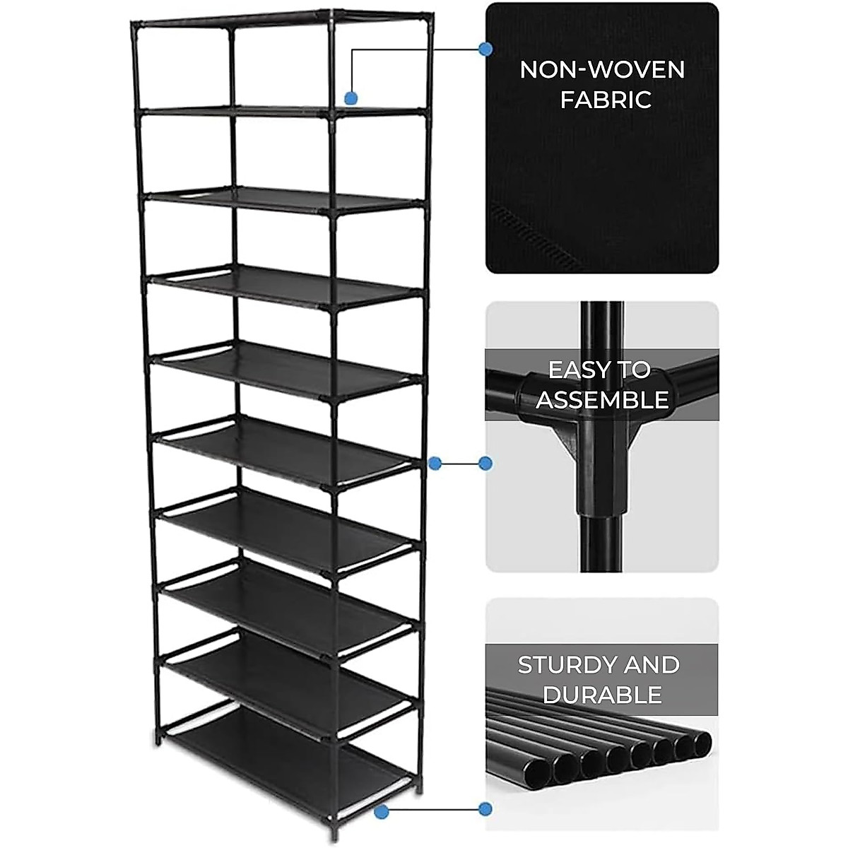BTHTRCZ 10 Tiers Shoes Rack Storage Organizer,Metal Shoe Rack Holds 50 Pairs Shoe,Large Shoe Rack with Black Metal Frame for Entryway,Living Room,Garage (10-Black)