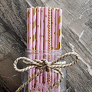 KEDON Pink Gold Paper Straws 100, Disposable Cake Pop Sticks Metallic Gold Striped Star Decorative Pink Straws for Drinking Cocktail Bachelorette Wedding Crafts Baby Bridal Shower Gender Reveal