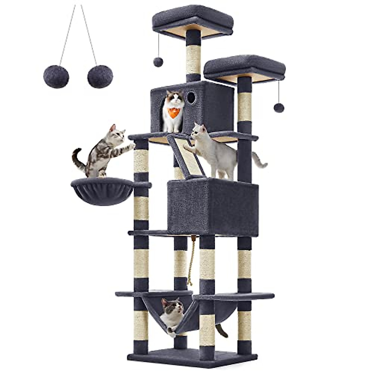 Feandrea Cat Tree, 81.1-Inch Large Cat Tower with 13 Scratching Posts, 2 Perches, 2 Caves, Basket, Hammock, Pompoms, Multi-Level Plush Cat Condo for Indoor Cats, Smoky Gray UPCT190G01