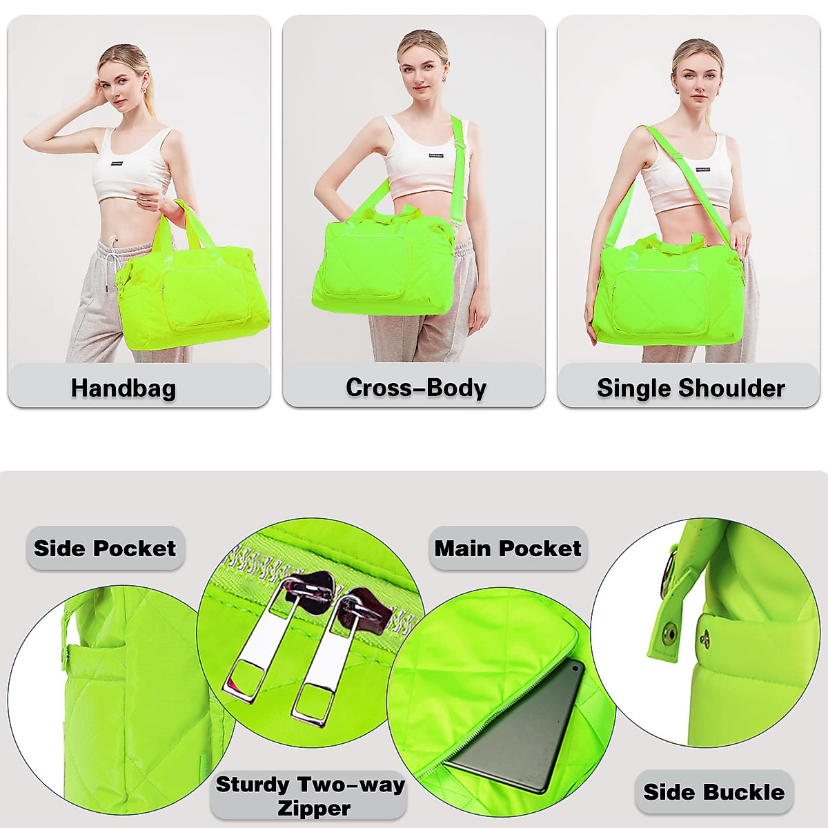 Tinzonc Sports Tote Gym Bag for Women, Travel Duffel Bag, Shoulder Weekender Overnight Bag for Women Girls Travel, Gym, Yoga (Fluorescent Green)