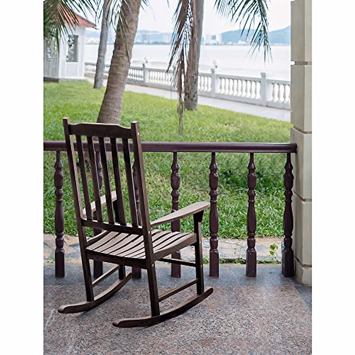 Merry Products Traditional Acacia Hardwood Rocking Chair with Curved Seat and Wide Armrests for Outdoor or Indoor Use, Dark Stain