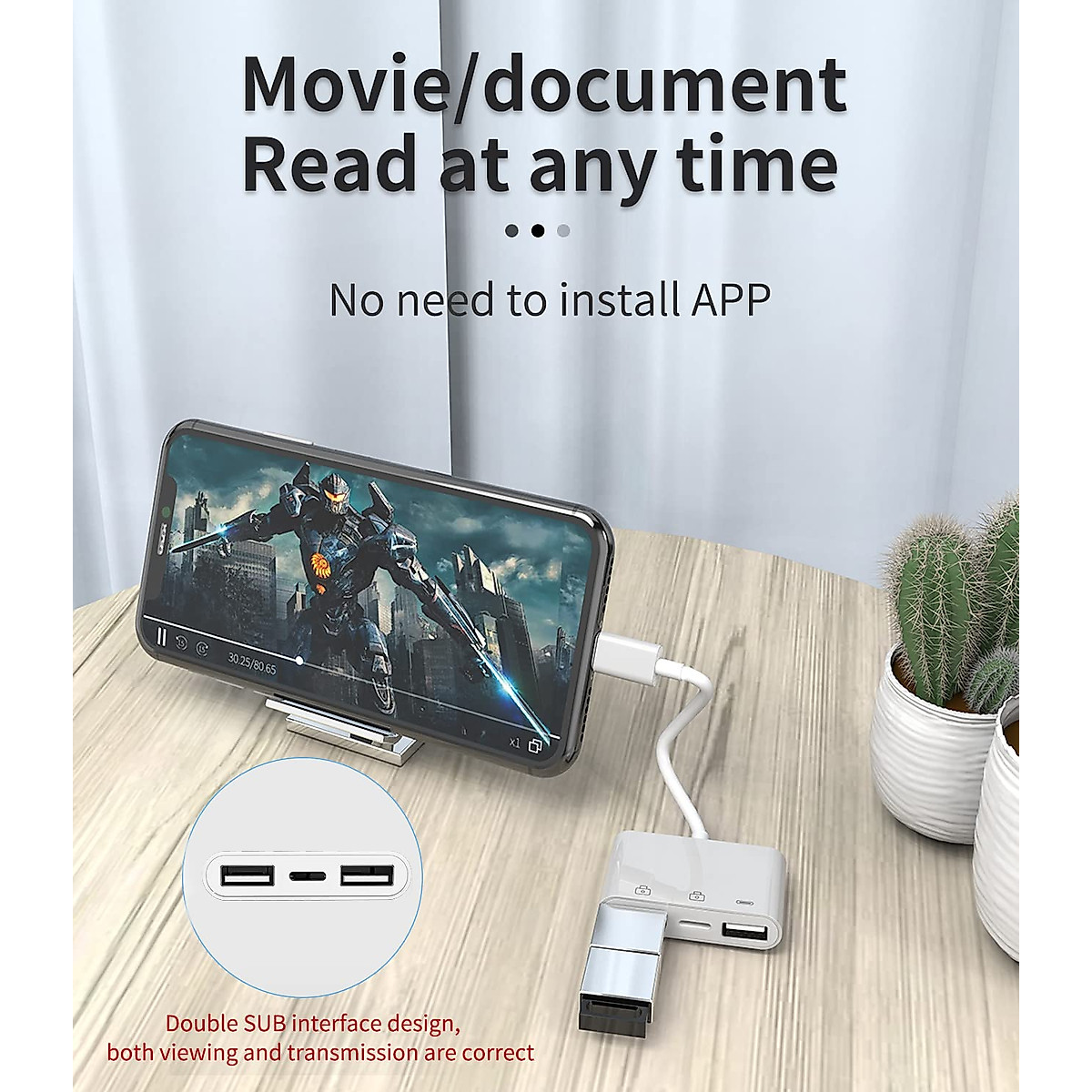 iPhone OTG Adapter Charger Cable Dongle Lightning Male to Dual USB Female Camera Memory Stick Flash Drive Cord Reader Mouse Keyboard Converter Card Charging Splitter for 14 13 12 11 Pro Max 7 8
