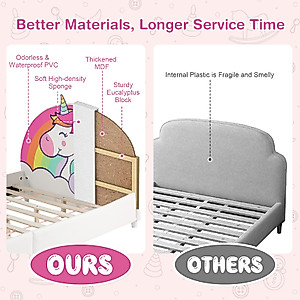 Costzon Twin Bed Frames for Kids, Wood Upholstered Twin Bed Platform with Slat Support, Padded Headboard&Footboard, No Box Spring Needed, Easy Assembly, Fits Standard Twin Mattress (Rainbow)