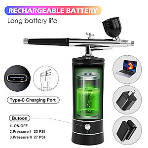 Airbrush Kit with Compressor, Air Brush Gun Rechargeable Portable High Pressure Air Brushes with 0.3mm Nozzle and Cleaning Brush Set for Painting, Tattoos, Nail, Makeup, Art, Cake Decorating (Black)