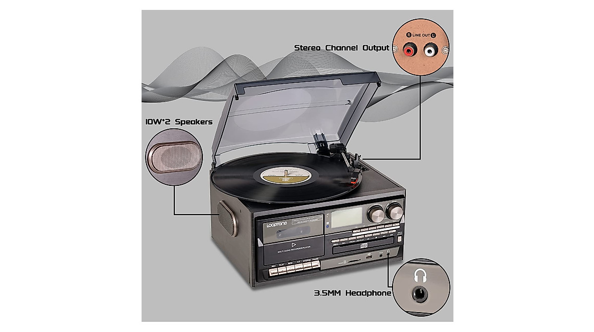 LoopTone 9-in-1 Vinyl Record Player with Bluetooth & CD, Black