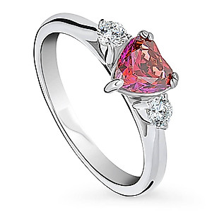 BERRICLE Sterling Silver 3-Stone Wedding Engagement Rings Red Cubic Zirconia CZ Heart Promise Ring for Women, Rhodium Plated Size 7