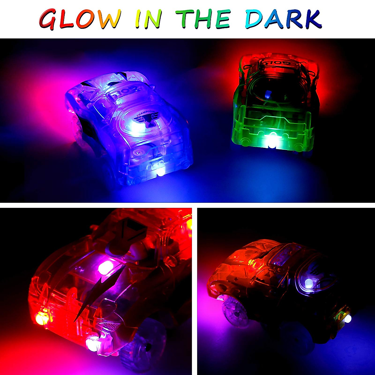 4pcs Tracks Cars Replacement Only - Light Up Magic Cars for Tracks Compatible with Glow in the Dark Toy Cars with 5 Led Flashing Lights for Most Race Tracks, Toys for 3+ Years Old Childs Boy and Girls