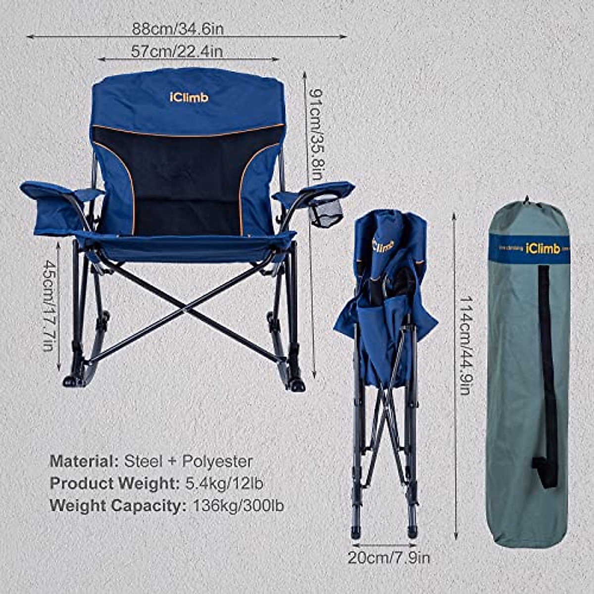iClimb 1 Padded Rocking Folding Chair and 1 Heavy Duty Compact Folding Chair Bundle for Two Person Camping Patio Porch Backyard Lawn Garden Balcony Indoor Outdoor