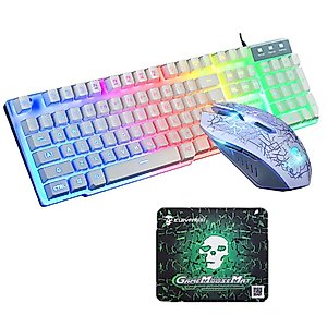 Axiba Waterproof Gaming Keyboard Mouse Sets USB Wired 104 Keys Skull Rainbow LED Backlit Multimedia Ergonomic Gamer Keyboard 2400DPI 6 Buttons Optical Professional Game Mice + Mouse Pad (Skull White)