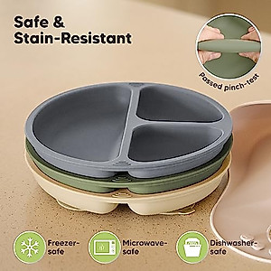 KeaBabies 3-Pack Suction Plates for Baby, Toddler - 100% Silicone Toddler Plates, Divided Baby Plates with Suction, Silicone Plates for Baby, Kids, BPA-Free, Microwave, Dishwasher Safe (Slate)