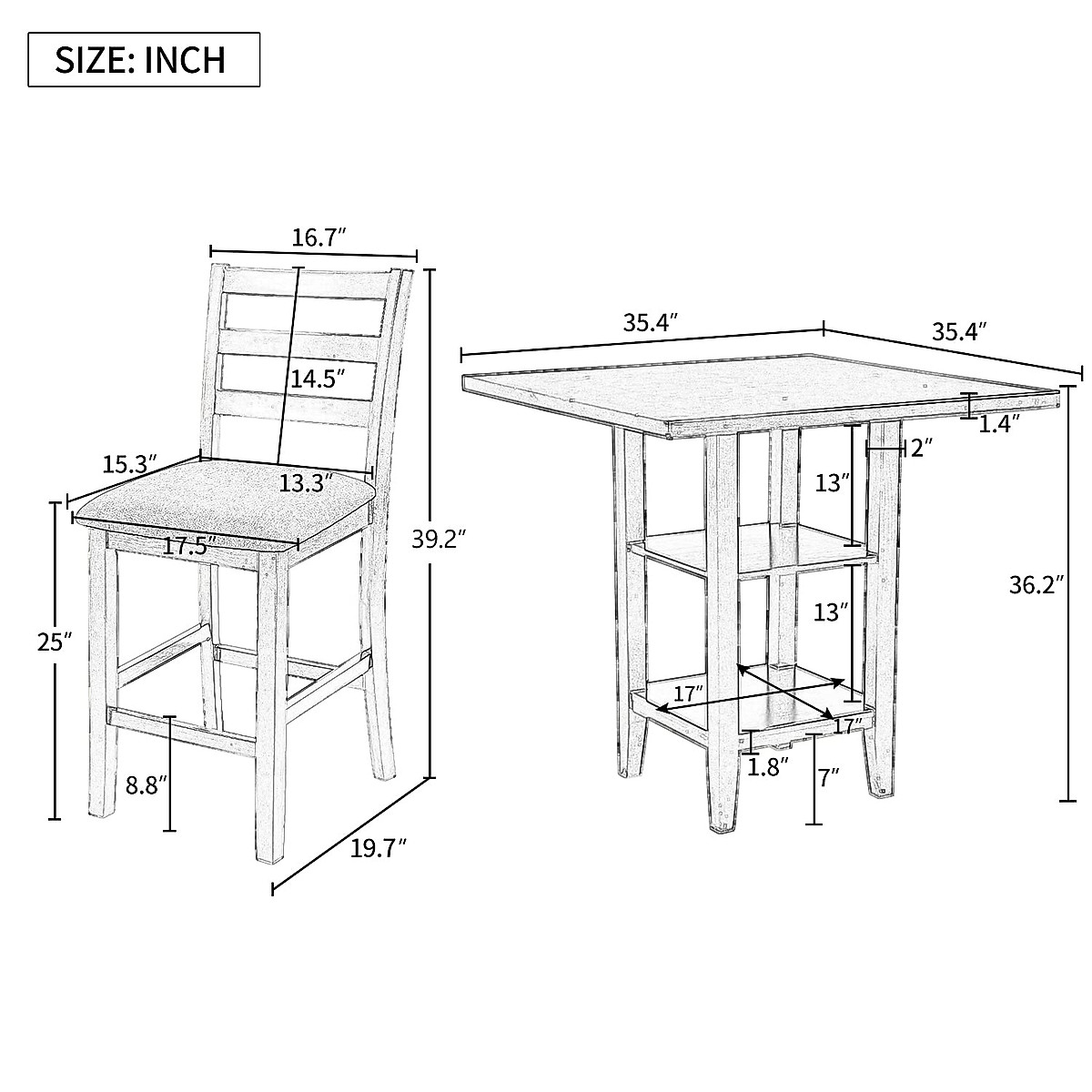 KoiHome East West Table & Padded Chairs with Cushion, Storage Shelving for Home, Distressed Finish, Retro Industrial Style, Gray, 5-Piece Wooden Counter Height Dining Set
