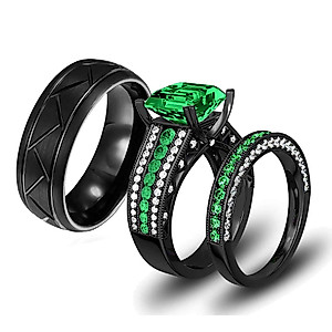 LOVERSRING Two Rings His and Hers Couple Ring Bridal Set His Hers Women Black Gold Filled Green Cz Man Stainless Steel Wedding Ring Band Set