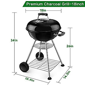 BEAU JARDIN Premium 18 Inch Charcoal Grill for Outdoor Cooking Barbecue Camping BBQ Coal Kettle Grill Tailgating Portable Heavy Duty Round with Thickened Grilling Bowl with Wheels BG231