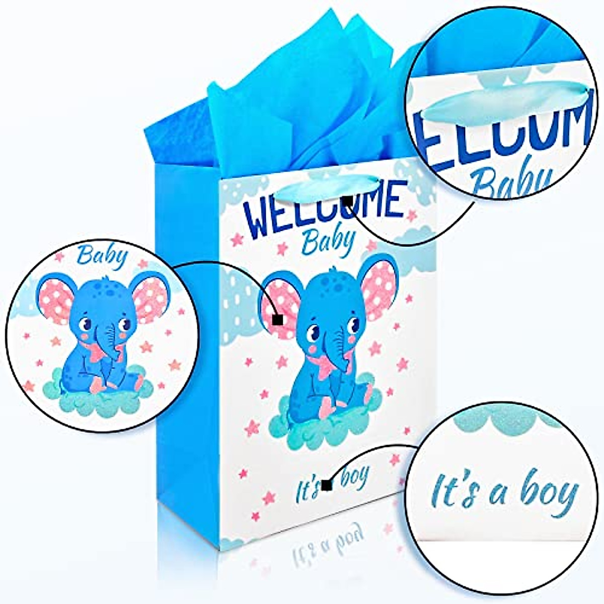 13" Large Baby Shower Birthday Gift Bags for Boy with Tissue Papers and Card(Elephant)