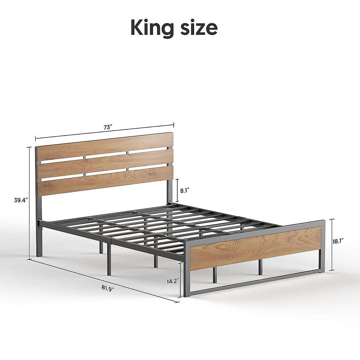 BONSOIR King Size Bed Frame Steady Steel Platform with Wood Headboard/Footboard,No Box Spring Needed, Easy Assembly, Squeaking Free (King Size)