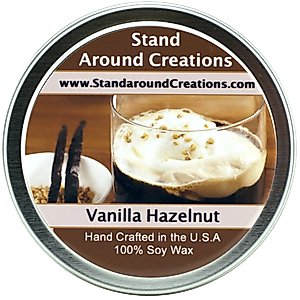 Premium 100% All Natural Soy Wax Aromatherapy Candle - 8oz. Tin: Scent - Vanilla Hazelnut. A mouthwatering Blend of Toasted Hazelnuts and Creamy Vanilla. Naturally Strong, Highly Scented.