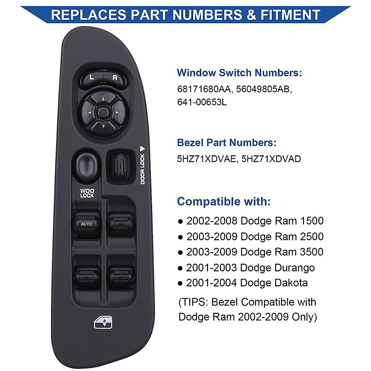 Master Power Window Switch and Bezel 56049805AB, Compatible with 2002-2009 Dodge Ram 1500 2500 3500, 2001-2004 Dodge Dakota, 01-03 Dodge Durango, 05-09 Dodge Sprinter, Replaces 68171680AA, 641-00653L