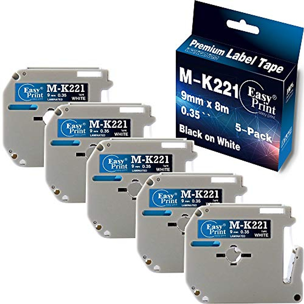 EASYPRINT Compatible M Tape Replacement for Brother MK-221 m-k221 9mm 0.35inch Black on White MK Label Tape use for Brother P-Touch Label Maker PT-M95 PT-70BM PT-90 PT-80 PT-65 PT-85, 5-Pack