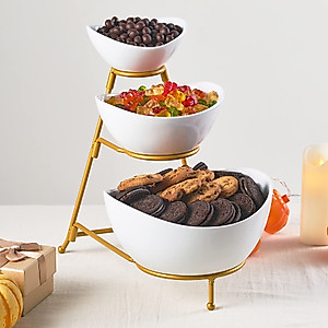 LYEOBOH 3 Tier Serving Bowls Set Tiered Serving Stand, Porcelain Oval Bowls with Collapsible Metal Stand for Entertaining, Party, Dessert Display, Candy, Chip and Dip (Gold)