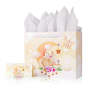 Baby Girl Gift Bag Set with Card and Tissue Papers, 12.6" Paper Bag with Handles for Baby Shower, Baby Girl Birthday, Newborn Party, New Parents
