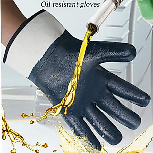 Tumjog 12 Pairs Oil Resistant Gloves, Nitrile Fubber Fully Coated Cotton Safety Work Gloves, Acid Alkali Resistant, for Men & Women Large
