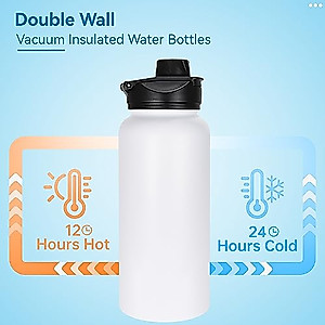 VEGOND 32 oz Insulated Water Bottle Stainless Steel Metal Water Bottles with Leak Proof Straw Lid & Spout Lid, Wide Mouth Double Walled Vacuum Travel Sports Bottle, White