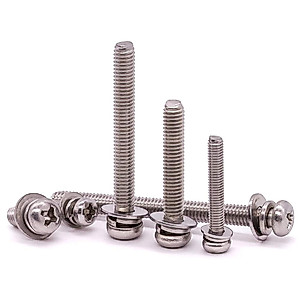M4-0.7 x 6mm (100 Sets) Pan Head Machine Screws with Flat Washers and Lock Washers, Stainless Steel 304 (18-8), Phillips Drive, Full Coarse Thread UNC, Bright Finish