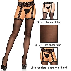 Leg Avenue womens Sheer Stockings With Attached Garter Belt Hosiery, Black Lace, Queen US
