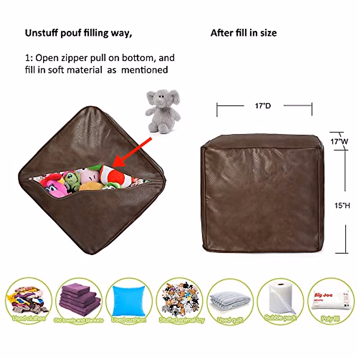 ROTOT Ottoman Pouf Square Shape, Foot Rest Faux PU Leather, Unstuffed Bean Bag Shell for Storage Solution, Hassock Pouffe Decoration for Living Room Balcony Office Outdoor (Chest Nut)