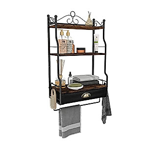 Jautokerdar Wall Mounted Bathroom Shelves with Drawer, 3 Tier Hanging Storage Rack with Foldable Towel Bar, Towel Holder Floating Organizer Shelves with Hook