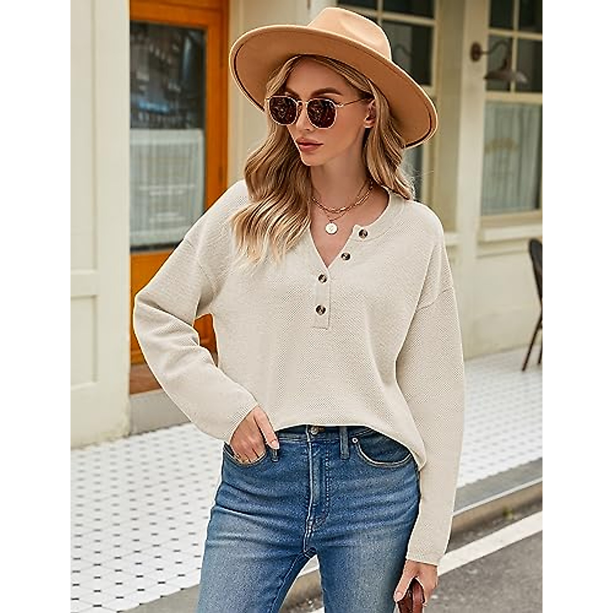 KTILG Pullover Sweaters for Women Oversized Sweater Side Slit Long Sleeve Loose V Neck Button Henley Tops Pullover Knit Jumper Beige, M