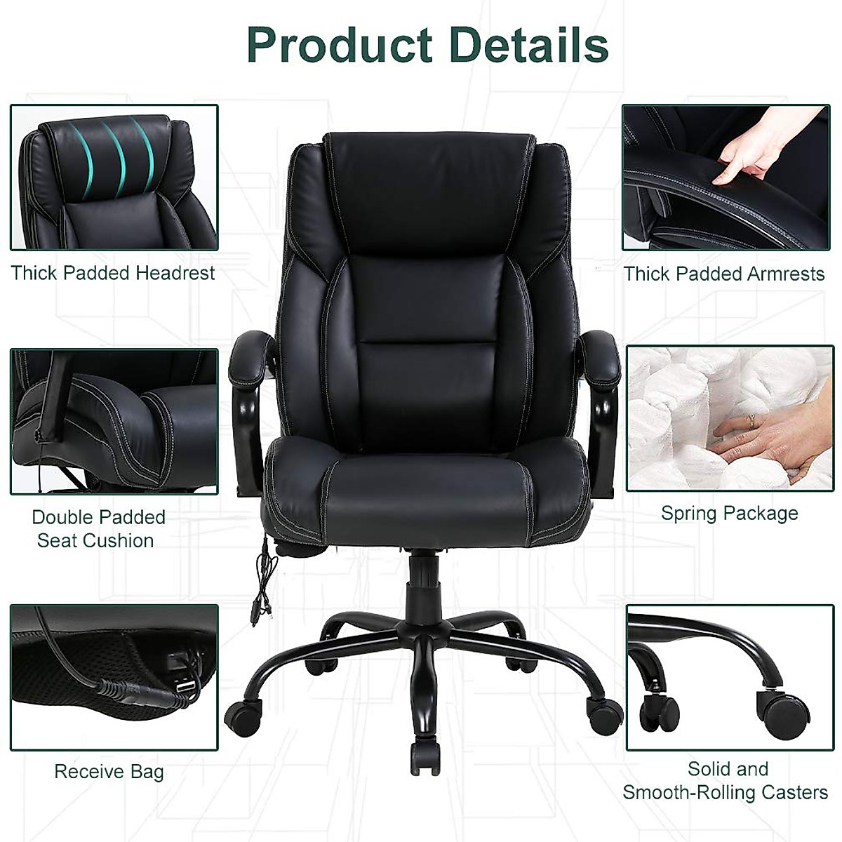 Big and Tall Office Chair 500lb Wide Seat Desk Chair with Lumbar Support Armrest Swivel Rolling High Back PU Leather Computer Chair Massage Adjustable Ergonomic Task Chair for Adults Women(Black)
