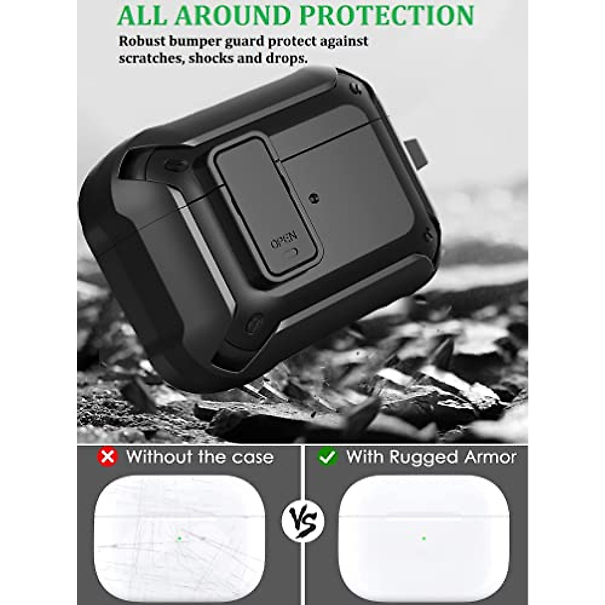 Olytop AirPods 3rd Generation Case with Lock Lid, Armor AirPod 3 Case Cover Full-Body Rugged Protective Case Shockproof Cover Men with Carabiner for Apple Airpods 3rd Gen Case-Black