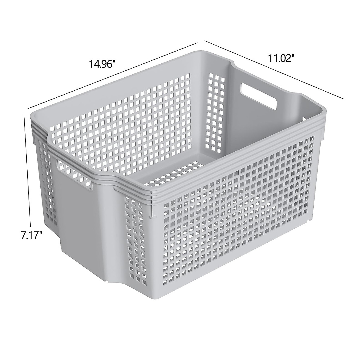 Wakikini 12-Pack Plastic Deep Storage Basket, Large Plastic Stackable Baskets, Gray