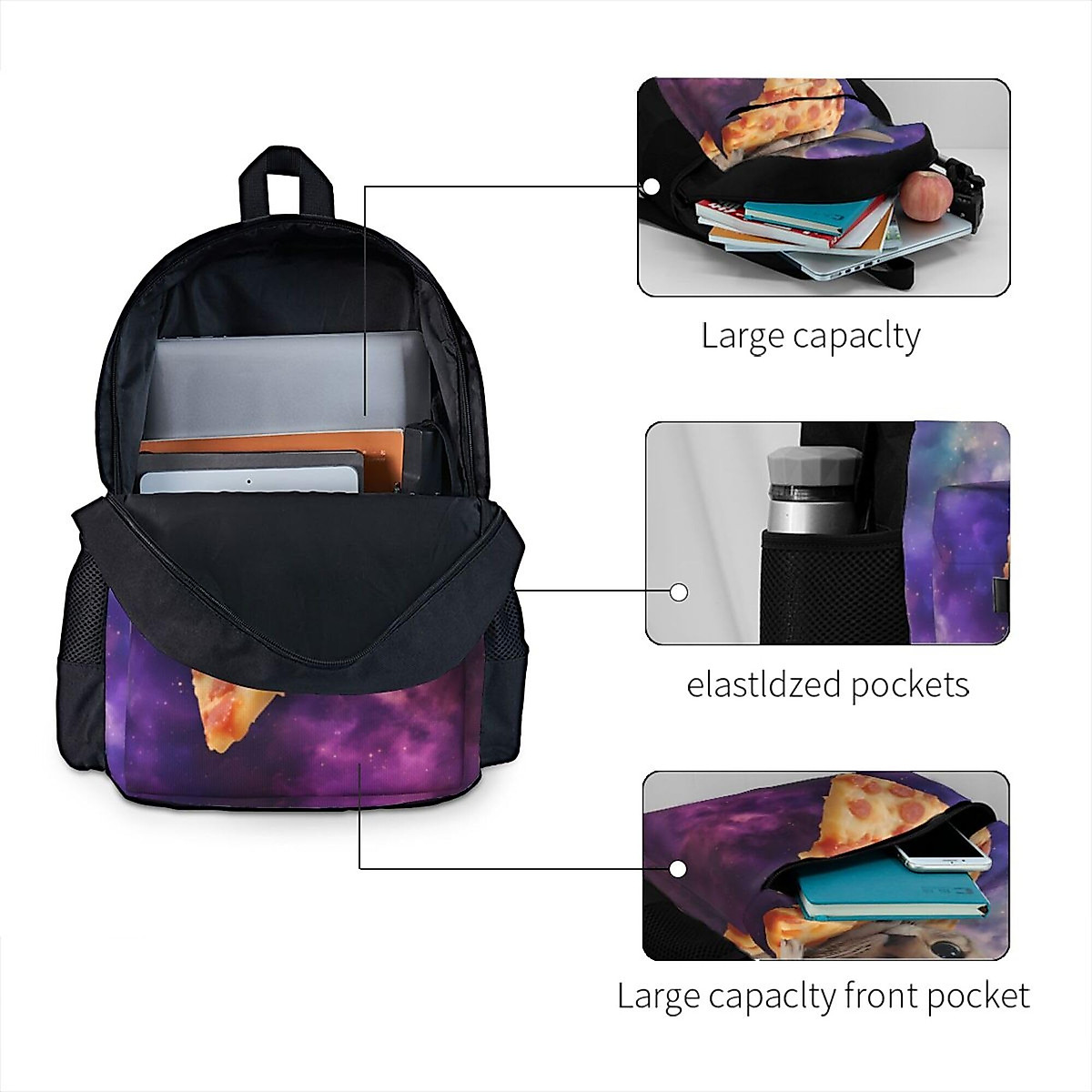 Galaxy Pizza Funny Cat Girls Backpacks School kids Bookbag Children Travel Shoulder Bag Casual Daypack 17 Inch Plus Laptop Bag for Unisex Teens Women Boys