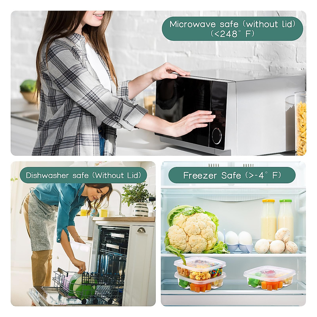 Domensi 100 Pcs 4 Compartment Food Containers Clear Plastic Bento Boxes Snack Meal Box Containers with Lids Divided Food Storage Containers for Adults School Work Travel, 5.7 x 5.7 x 1.8 Inch