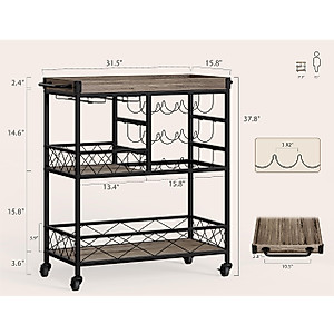 Gizoon 3 Tier 38" Home Bar Serving Cart with Large Storage Space, Mobile Kitchen Storage Trolley with Lockable Wheels, 12 Wine Rack, Glass Holder, Removable Tray (Gray)