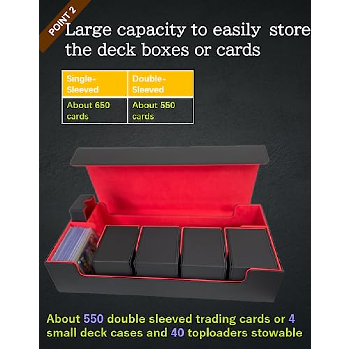 Venssu Card Deck Box, Card Deck Case, Deck Card Box, Leather Large Size Fit 550 Plus Sleeved Cards Compatible with single/double sleeved toploader MTG TCG CCG (Black＆Red)