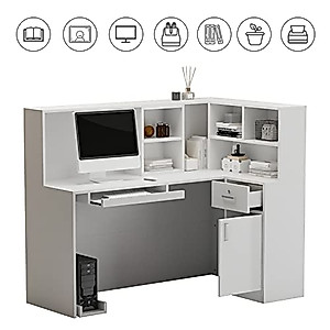AIEGLE Reception Desk with Counter Drawers & Storage Shelves, L-Shaped Reception Counter Table for Salon Reception Room Checkout Office, White (55.9" L x 32.3" W x 48.4" H)