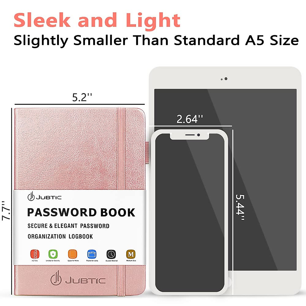 JUBTIC Password Book with Alphabetical Tabs. Medium Size Password Notebook for Internet Website Address Log in Details. Hardcover Password Journal & Organizer for Home Office, Rose Gold