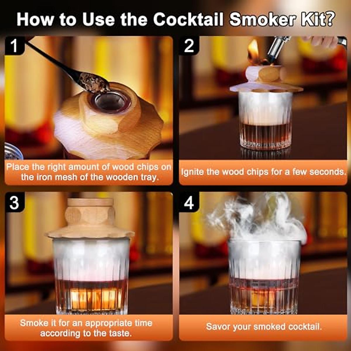 Cocktail Smoker Kit with Torch, Whiskey Smoker Kit with 6 Flavors Wood Chips, Old Fashioned Bourbon Drink Smoker Infuser Kit, Fathers Day Birthday Gifts for Men, Dad (No Butane)