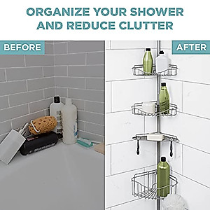 Zenna Home Tension Pole Shower Caddy, 3 Basket Shelves with Soap Tray, Adjustable, 60 to 97 Inch, Satin Nickel