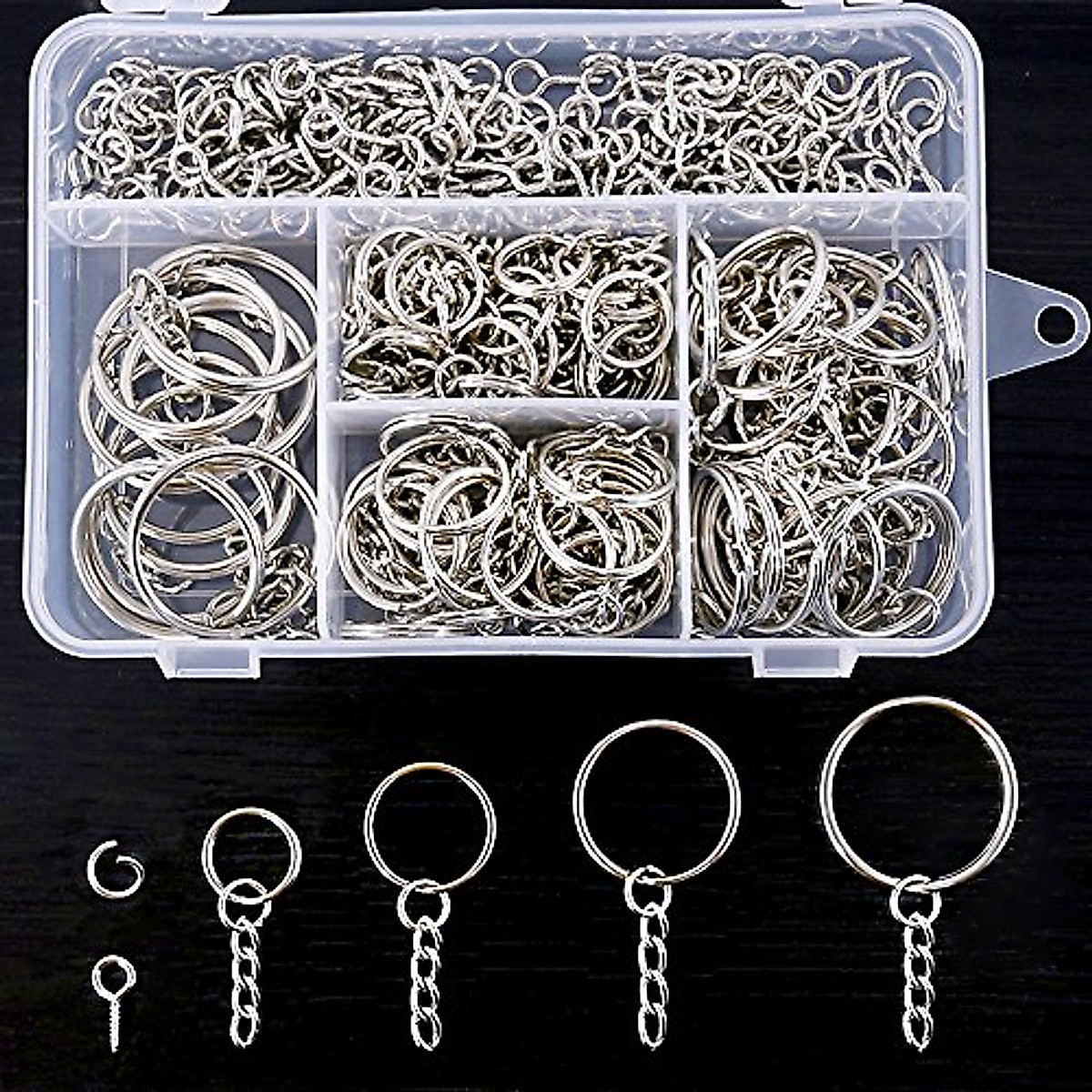 Swpeet 300Pcs Key Chain Rings Kit, 100Pcs Keychain Rings with Chain and 100Pcs Jump Ring with 100Pcs Screw Eye Pins Bulk for Jewelry Findings Making - 3/5 Inch, 4/5 Inch, 1 Inch, 6/5 Inch (Sliver)