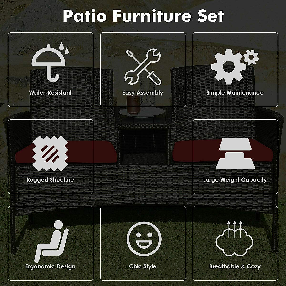 RELAX4LIFE Conversation Furniture Set with Table and Two Removable Cushions Rattan Wicker Chairs and Table Set for Patio,Garden, Baloney and Lawn Outdoor Porch Furniture Sets Loveseat (Brown+Red)
