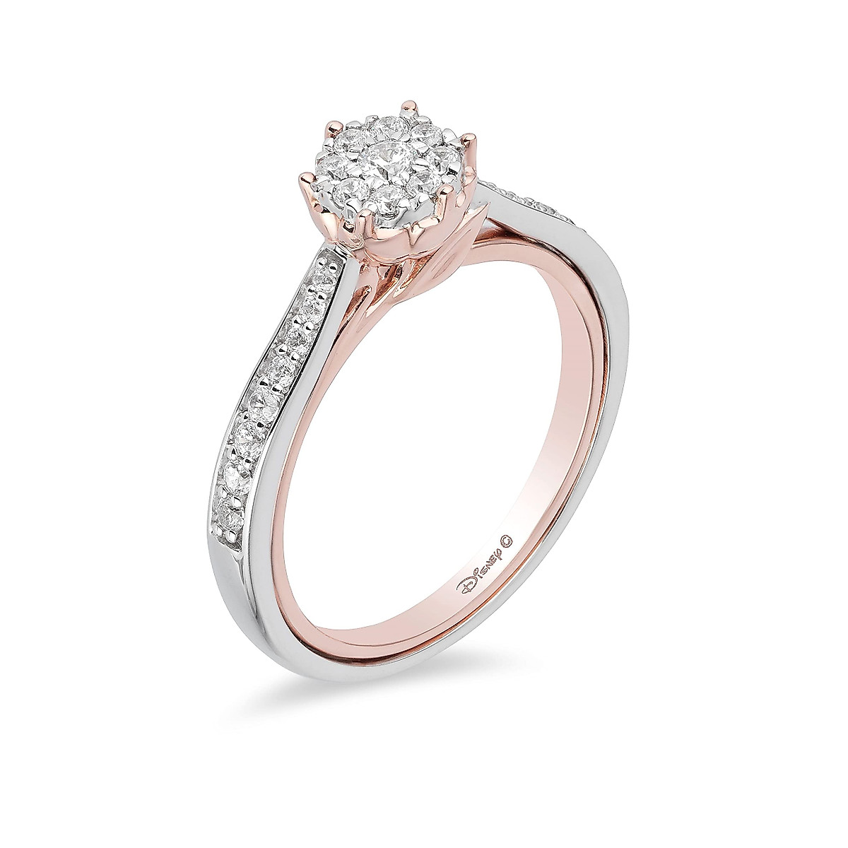 Jewelili Enchanted Disney Fine Jewelry 10K White Gold and Rose gold 1/3 Cttw Diamond Belle Composite Rose Engagement Ring Size 6