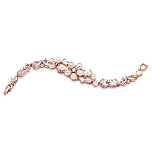 Mariell Pink Rose Gold Plated Cubic Zirconia Crystal Cultured Freshwater Pearl Bridal Wedding Bracelet
