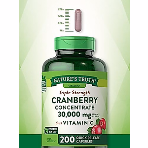 Cranberry Concentrate Plus Vitamin C | 30,000mg | 200 Quick Release Capsules | Non-GMO & Gluten Free Supplement | by Nature's Truth