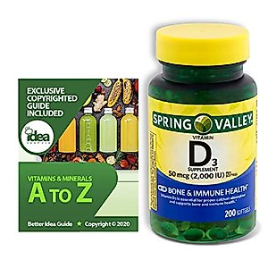 Spring Valley Vitamin D3 Supplement, 50 Mcg (2,000 Iu), 200 Ct Bundle With Exclusive "Vitamins & Minerals - A to Z" - Better Idea Guide (2 Items)