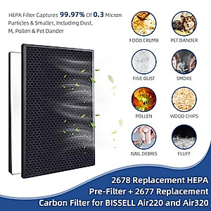 2 Packs Air220 Air320 Replacement Filter Compatible with Bissell Air220 Air320 2768A 2609A Air Purifier - Including True HEPA + Pre-Filters & Activated Carbon Filters - Compare to # 2677 2678 2804